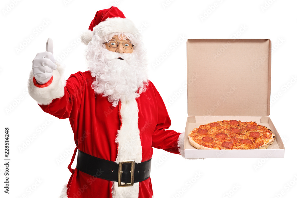 Santa Claus holding a pizza box and making a thumb up sign Stock Photo ...