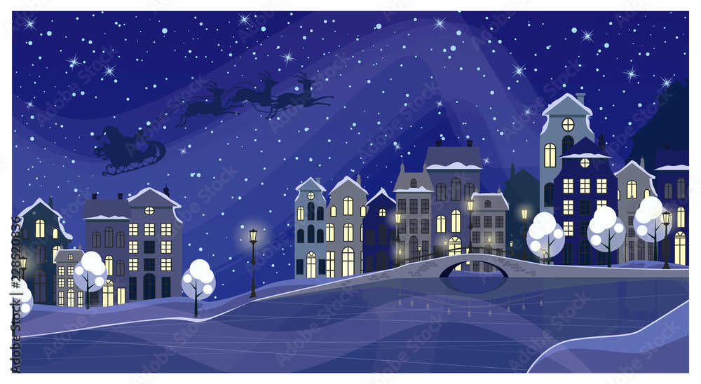 Christmas night townscape with buildings and Santa Claus in sky. Night town scene vector ...