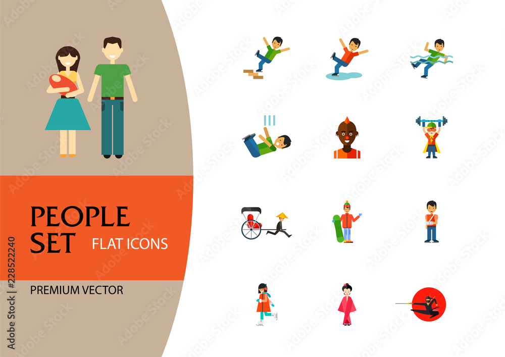 People icon set. Falling down the stairs, slipping, snowboarder, ninja ...