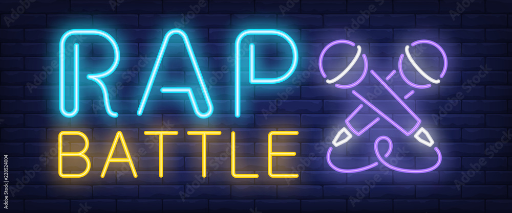 Rap battle neon text with two microphones. Concert and youth culture ...