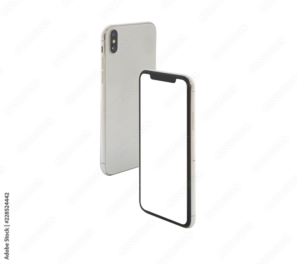 Smartphone front and back perspective view isolated on white background ...
