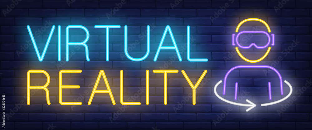 Virtual reality neon text and person in vr glasses. Computer games and ...