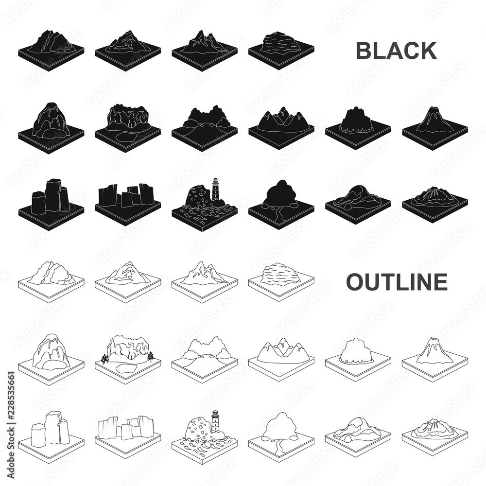 Mountains, massive black icons in set collection for design. The ...