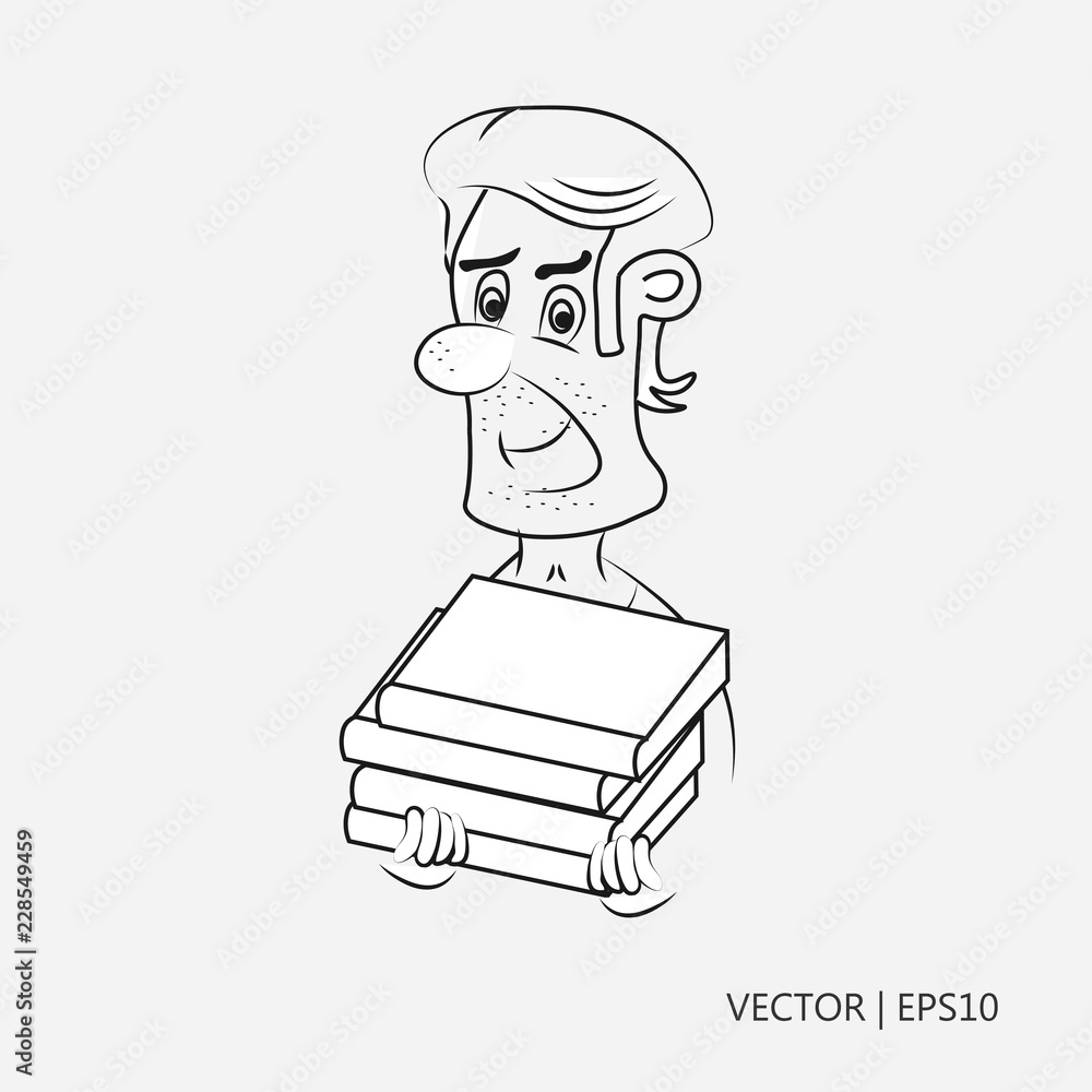 Vector illustration. Librarian with heavy books Teacher holding books ...