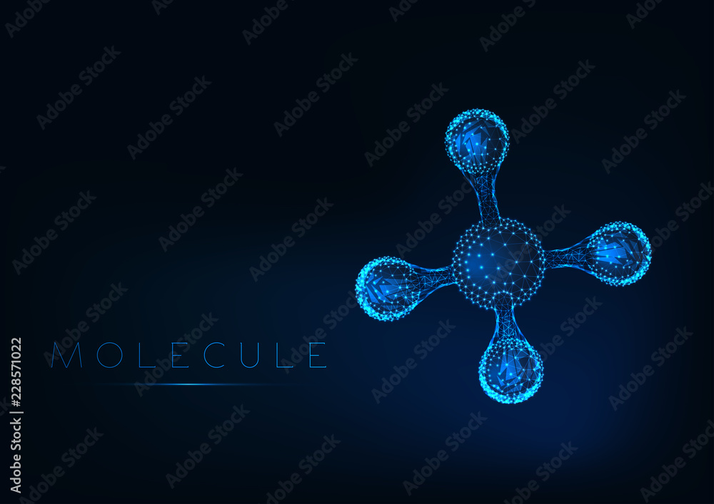 Abstract glowing molecule with tetrahedral structure model with atoms ...