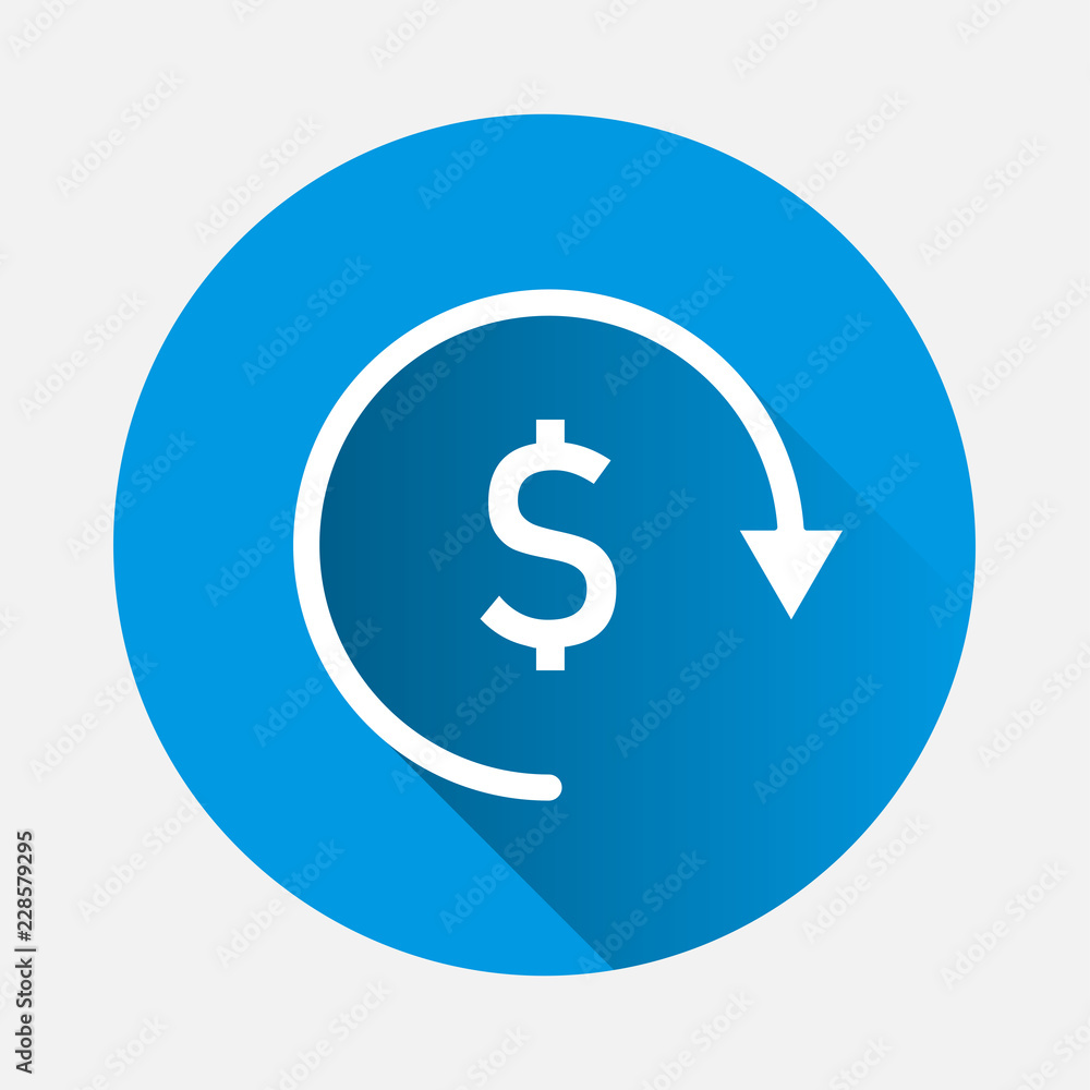 Vector circle with arrow and dollar sign icon on blue background. Flat ...