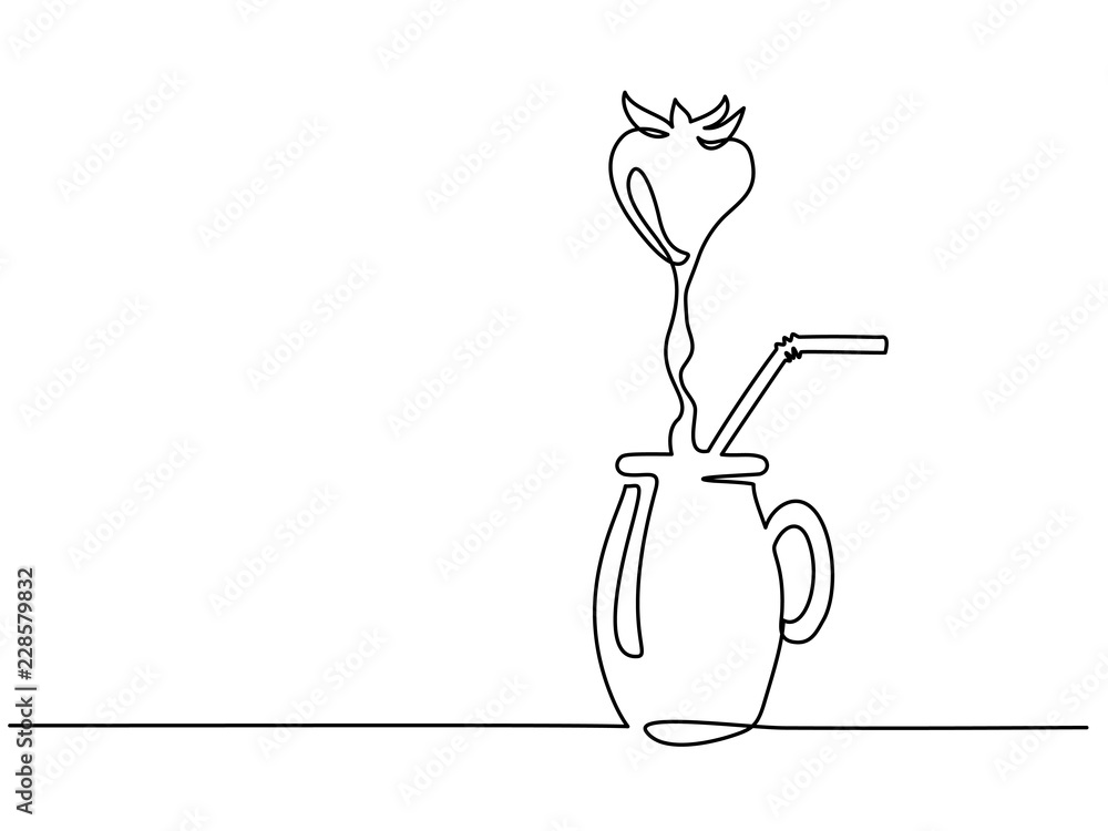 Continuous one line drawing. Strawberry juice in glass. Vector ...