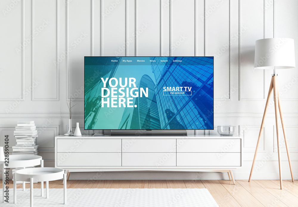 Smart TV on a White Console Mockup Stock Template | Adobe Stock