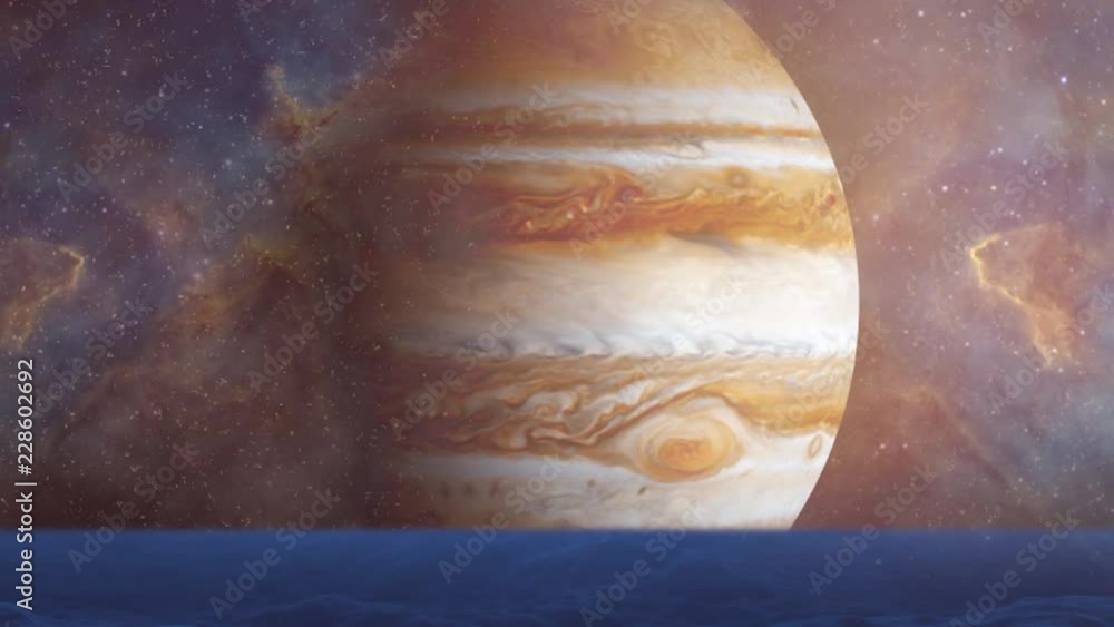 Giant planet of Solar system Jupiter and ocean with big waves ...