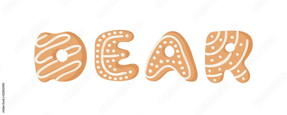 Cartoon vector illustration Ginger bread Cookies word DEAR. Hand drawn ...