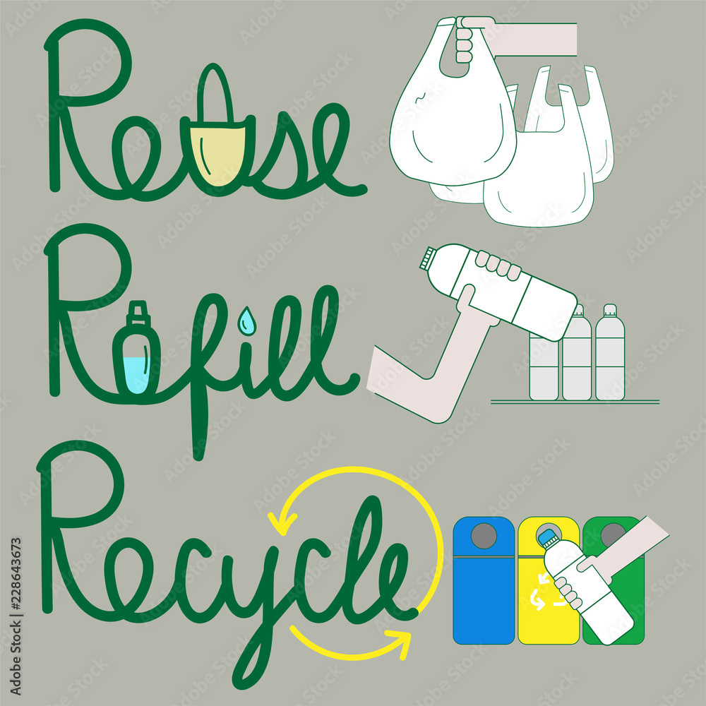 Reuse, refill and recycle handwriting with outline flat symbols. Cut ...