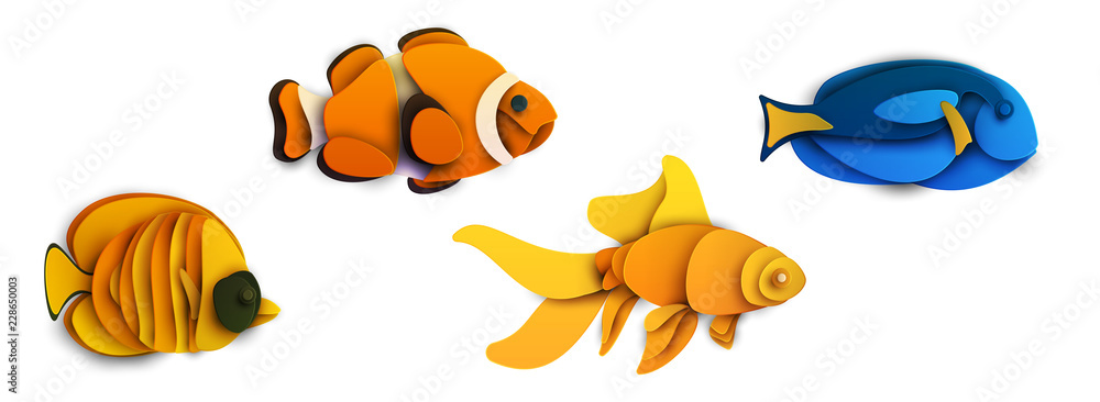 Set of cartoon exotic fish in trendy paper cut craft graphic style ...