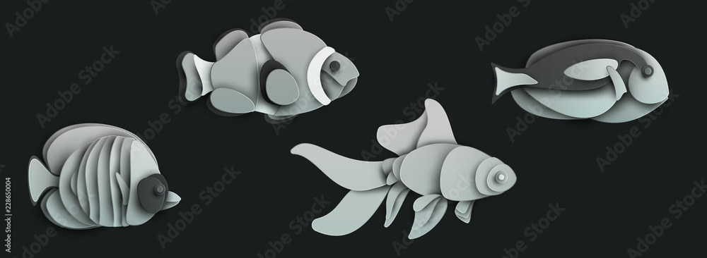 Set of cartoon exotic fish in trendy paper cut craft graphic style ...