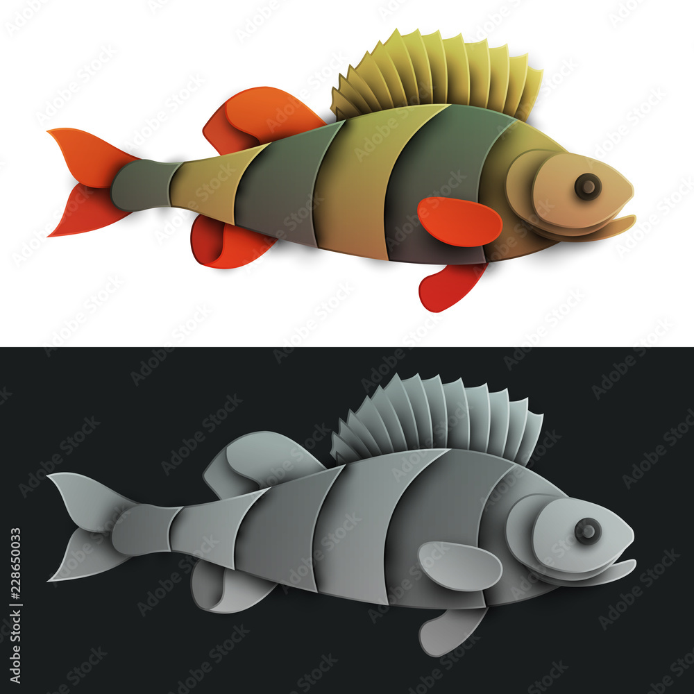 Cartoon fish perch in trendy paper cut craft graphic style. Modern ...