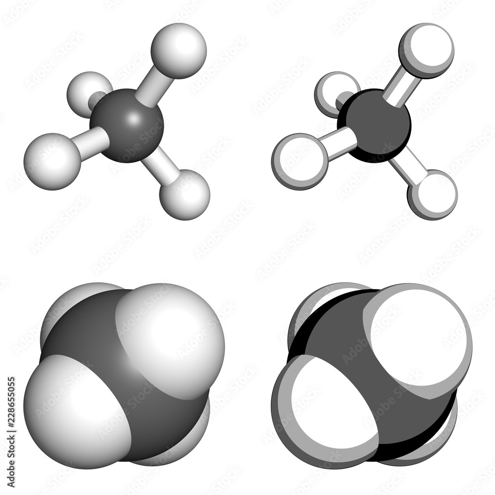 Methane molecule, ball-and-stick and space-filling models. Stock ...