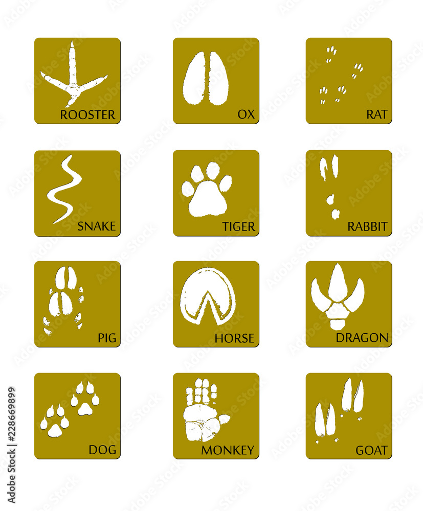 Chinese zodiac signs icons set on yellow round background. Paw prints ...