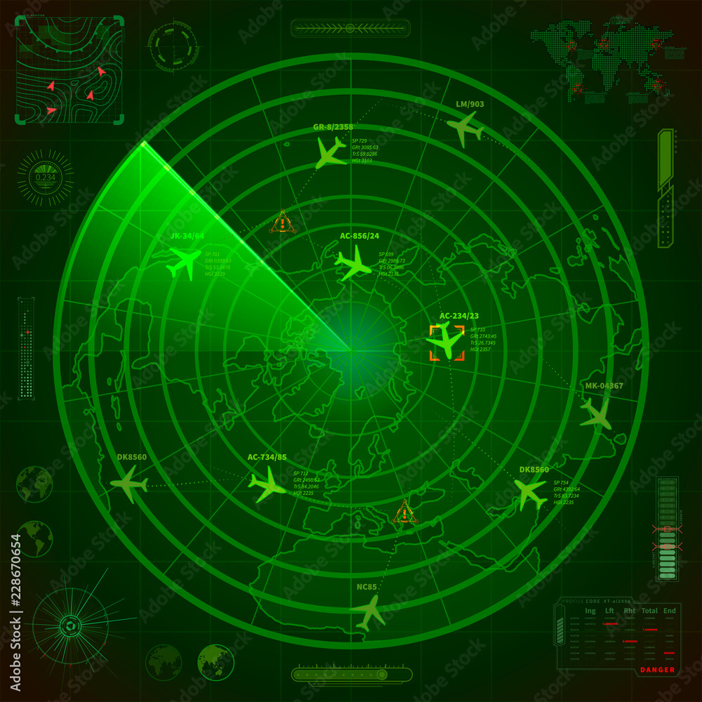 Abstract military radar display with with planes traces and target ...