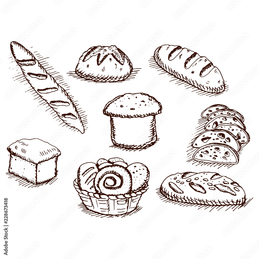 Bread sketches, hand drawing, vector set Stock Vector | Adobe Stock