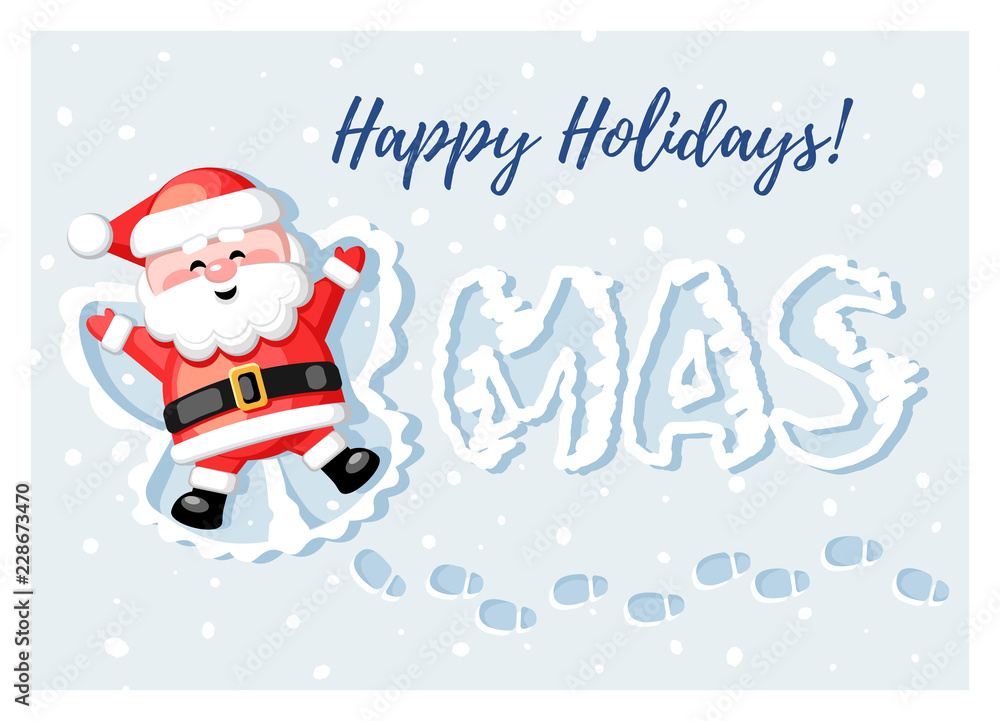 Merry Christmas! Happy Holidays! Funny Santa Claus lying in snow and ...