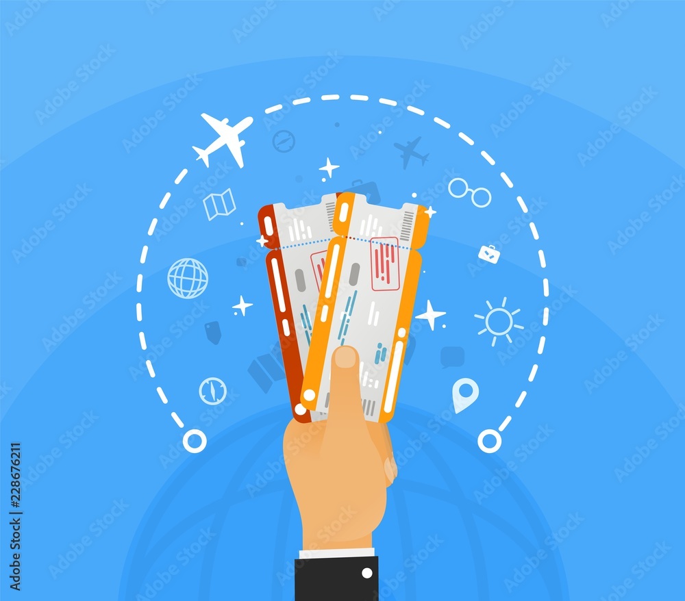 Hand holding two airline tickets with infographic around and globe on ...