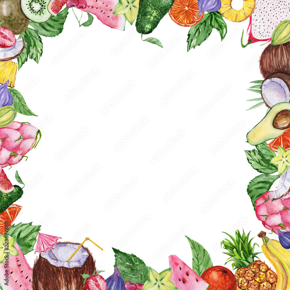 Frame with watercolor tropical fruits. Background for packaging, cards ...
