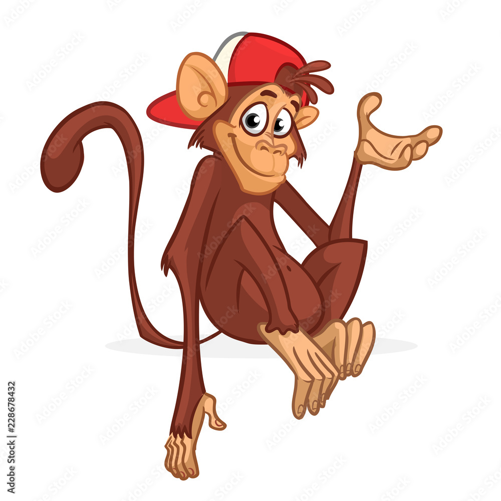 Cute cartoon monkey chimpanzee wearing hat. Vector illustration of a ...
