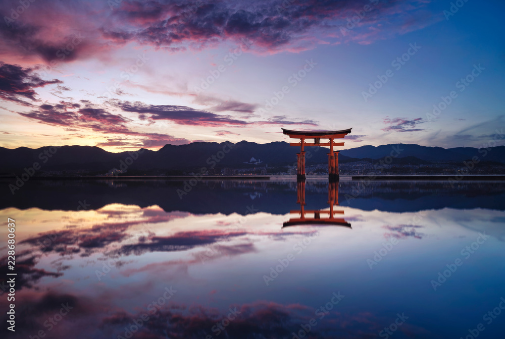 Japan, Hiroshima, Miyajima, Itsukushima Shrine at Seto Inland Sea at ...