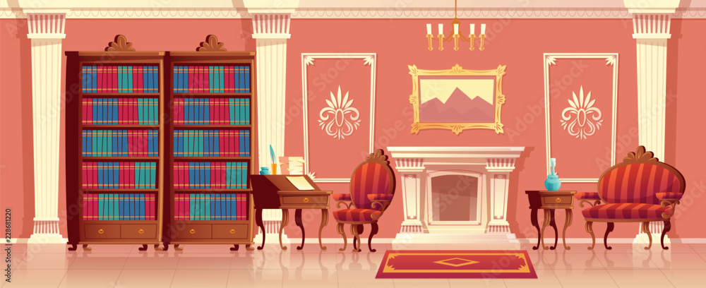 Vector cartoon illustration of luxury living room with fireplace ...