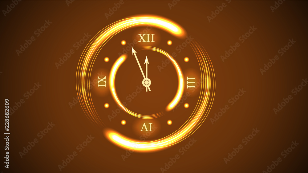 Magic gold clock countdown five minute time. Happy New Year background ...