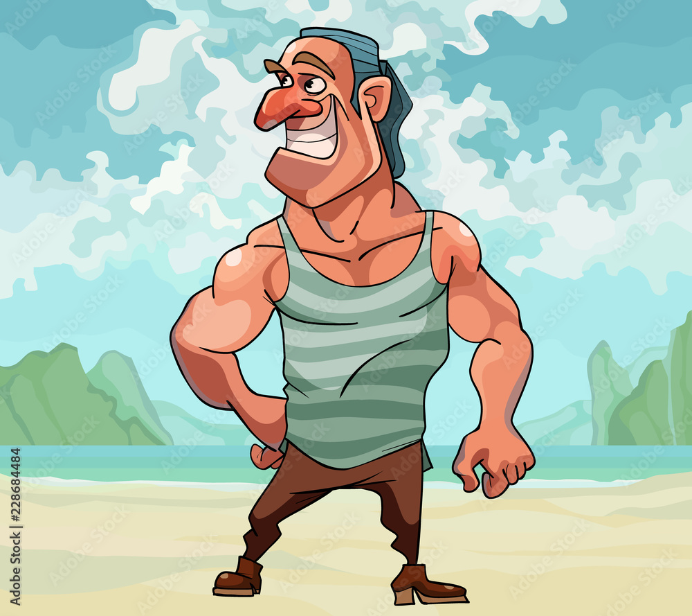 cartoon muscular man happily smiling while standing on the beach Stock ...