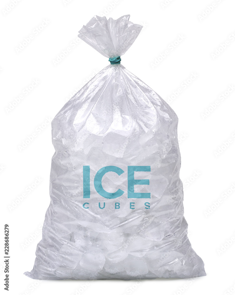 Ice cubes in plastic bag, bagged ice or packaged ice isolated on white ...