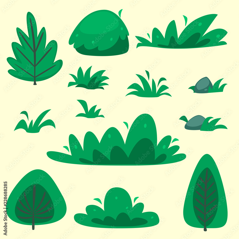 vector cartoon isolated bush tree and grass template collection set ...