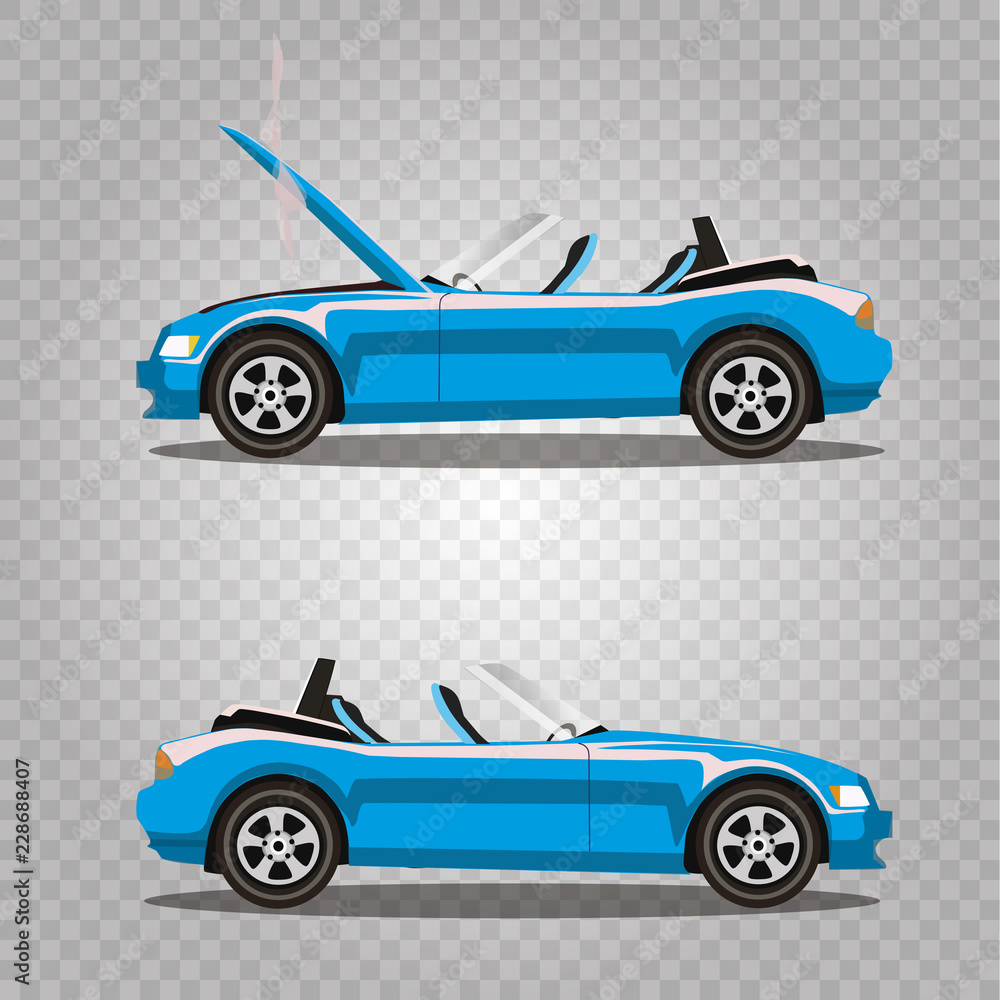 Vector set of broken cartoon cyan blue cabriolet sport car before and ...