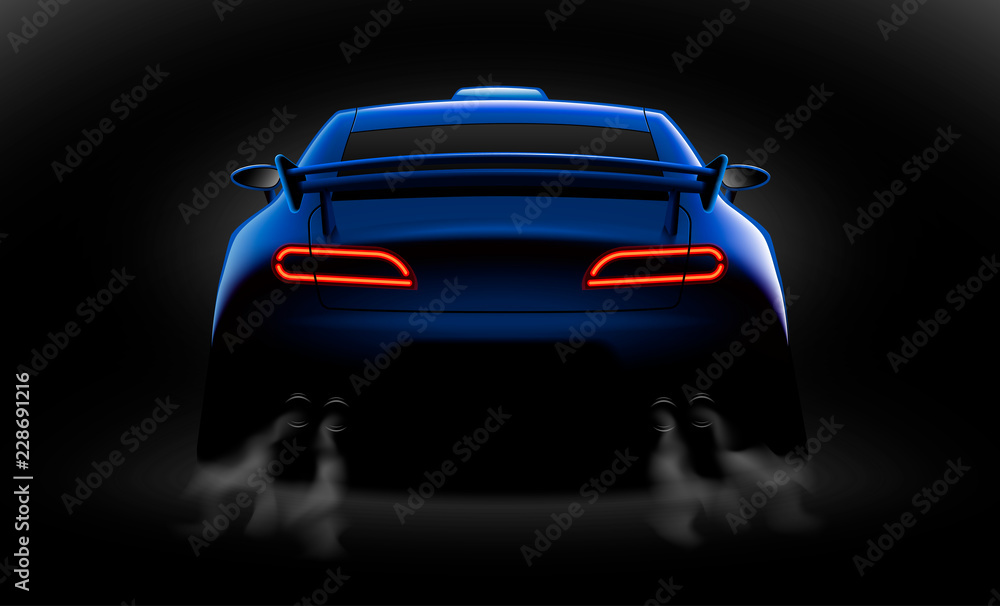 realistic blue sport car back view with unlocked rear lights in the ...