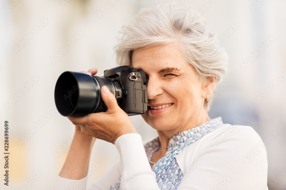 old age, photography and people concept - happy senior woman ...