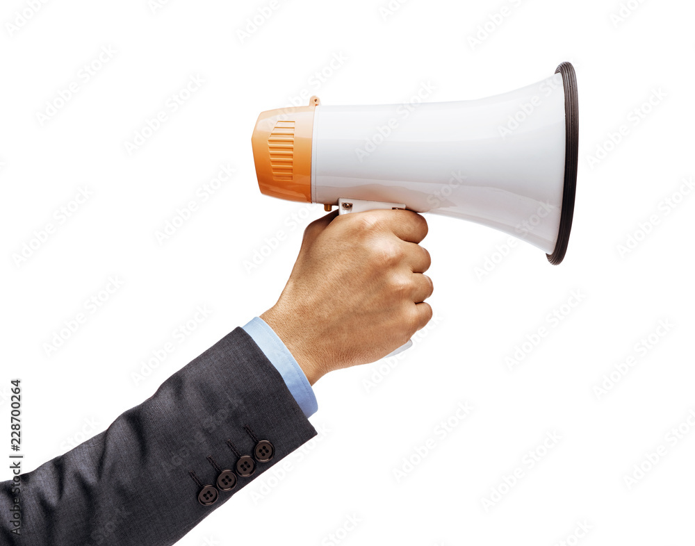 Man's hand in suit holding a megaphone isolated on white background ...