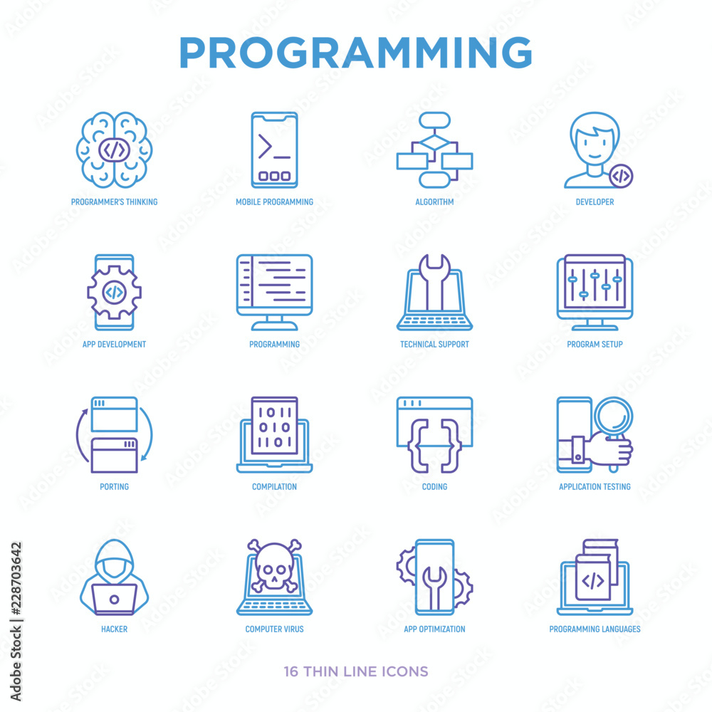 Programming thin line icons set: developer, code, algorithm, technical support, program setup ...