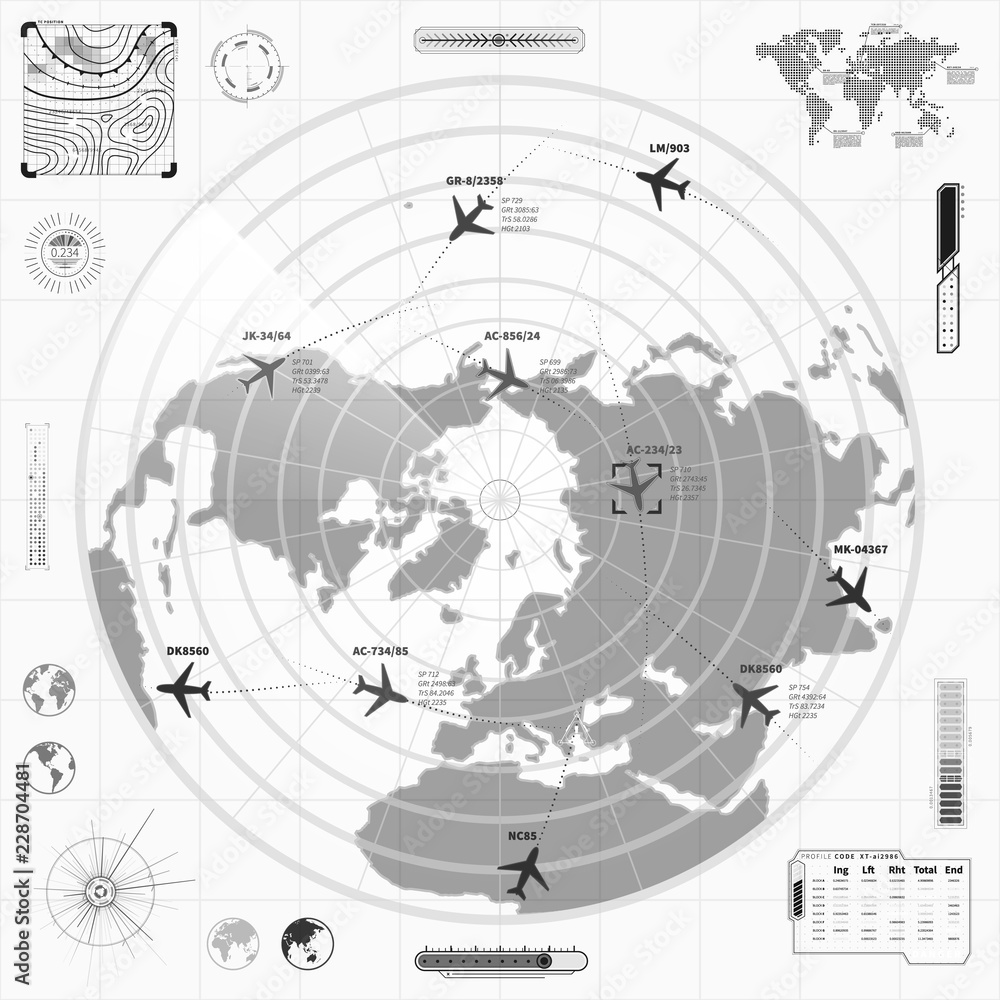 Black and white military radar display with with planes traces and ...