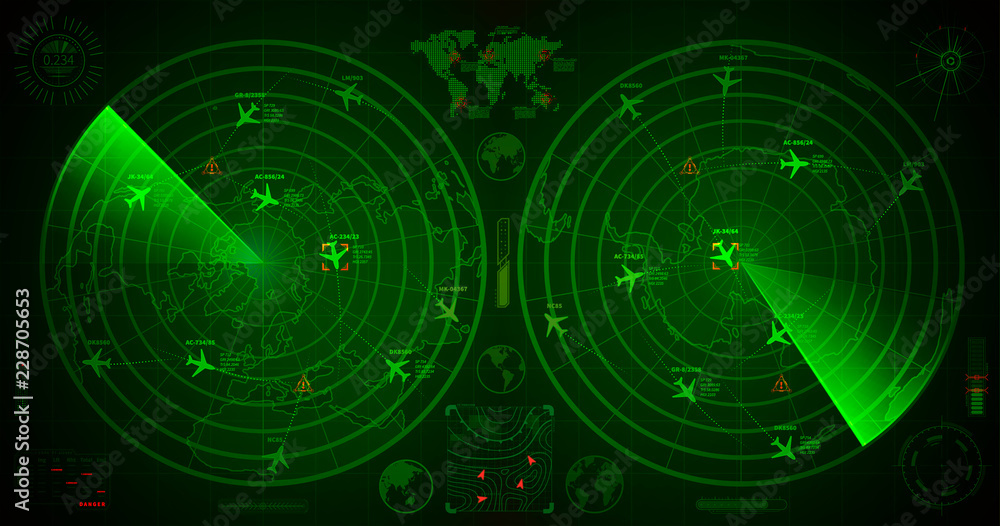 Detailed military radar with two green displays with with planes traces ...