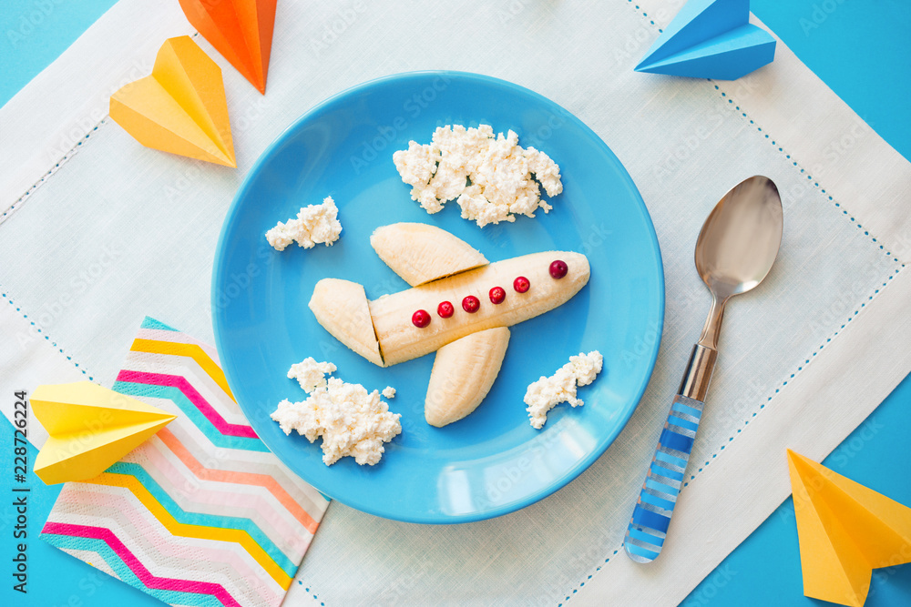 Fun food idea for kids. children's Breakfast: plane made of banana and ...