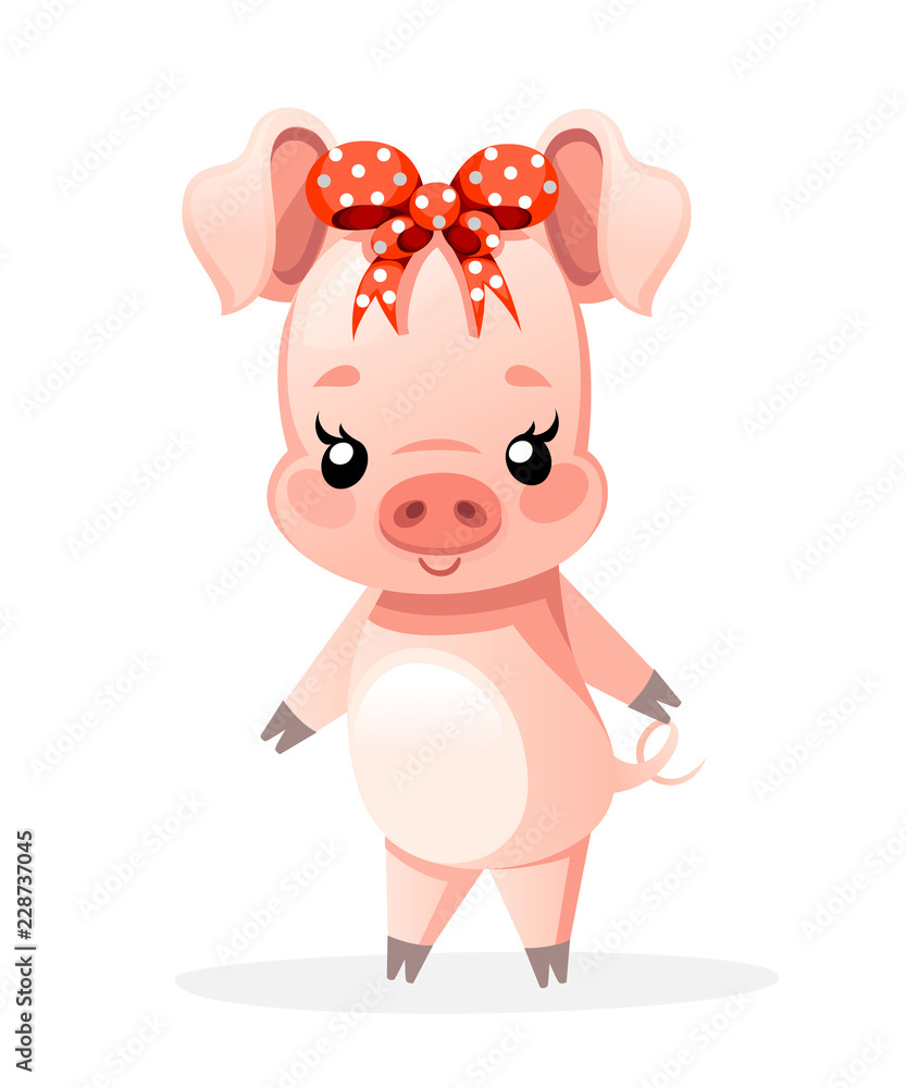 Cute pig. Cartoon character design. Pig girl with a bow. Flat vector ...