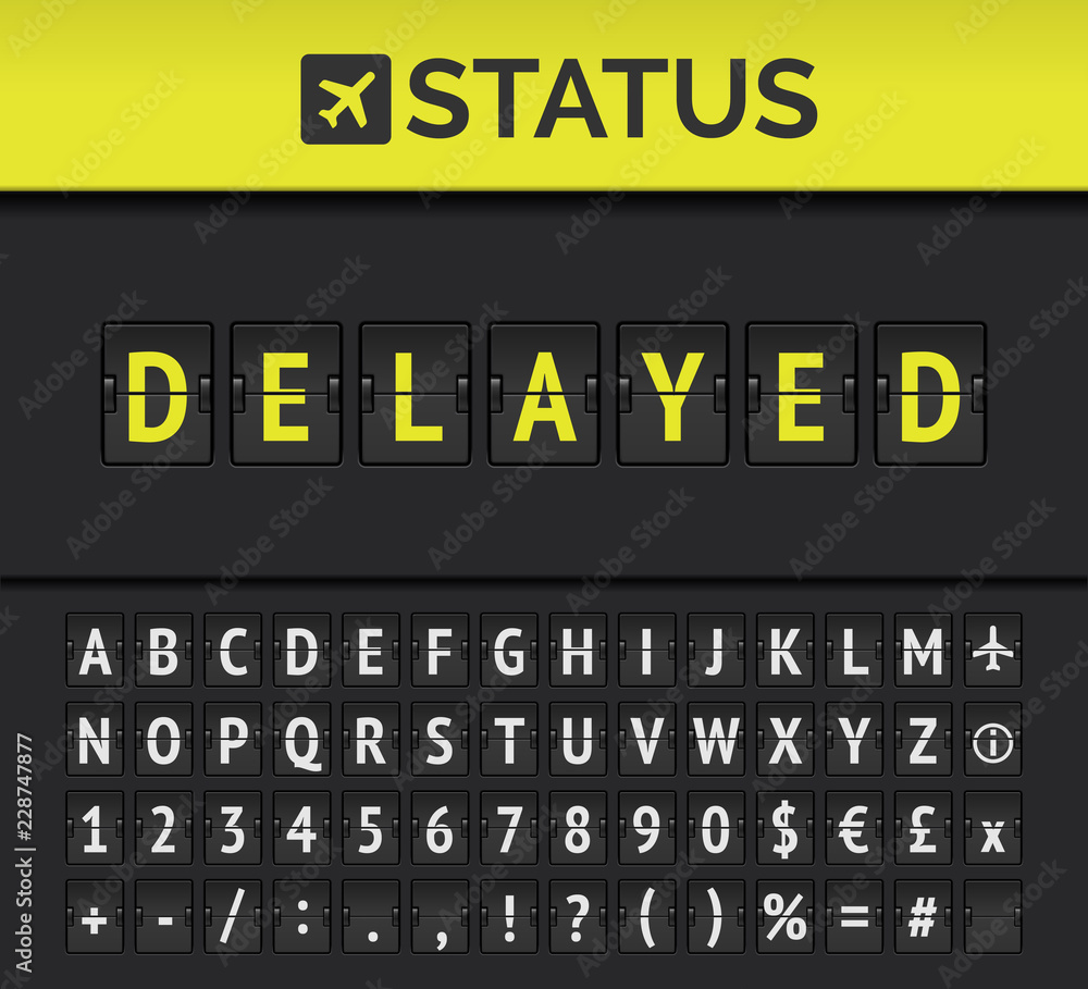 Airport flip board showing flight departure or arrival status Delayed ...