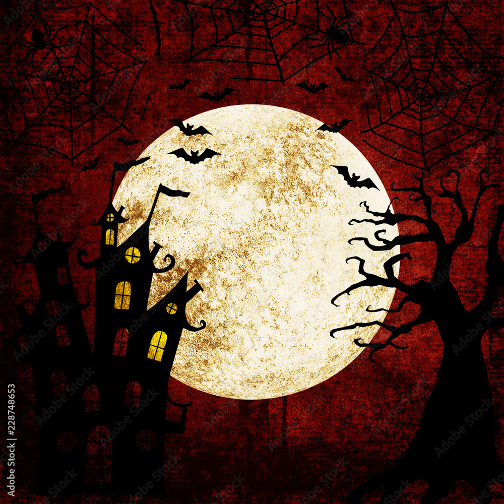 Halloween bloody red background with bats, full moon, tree, spider ...