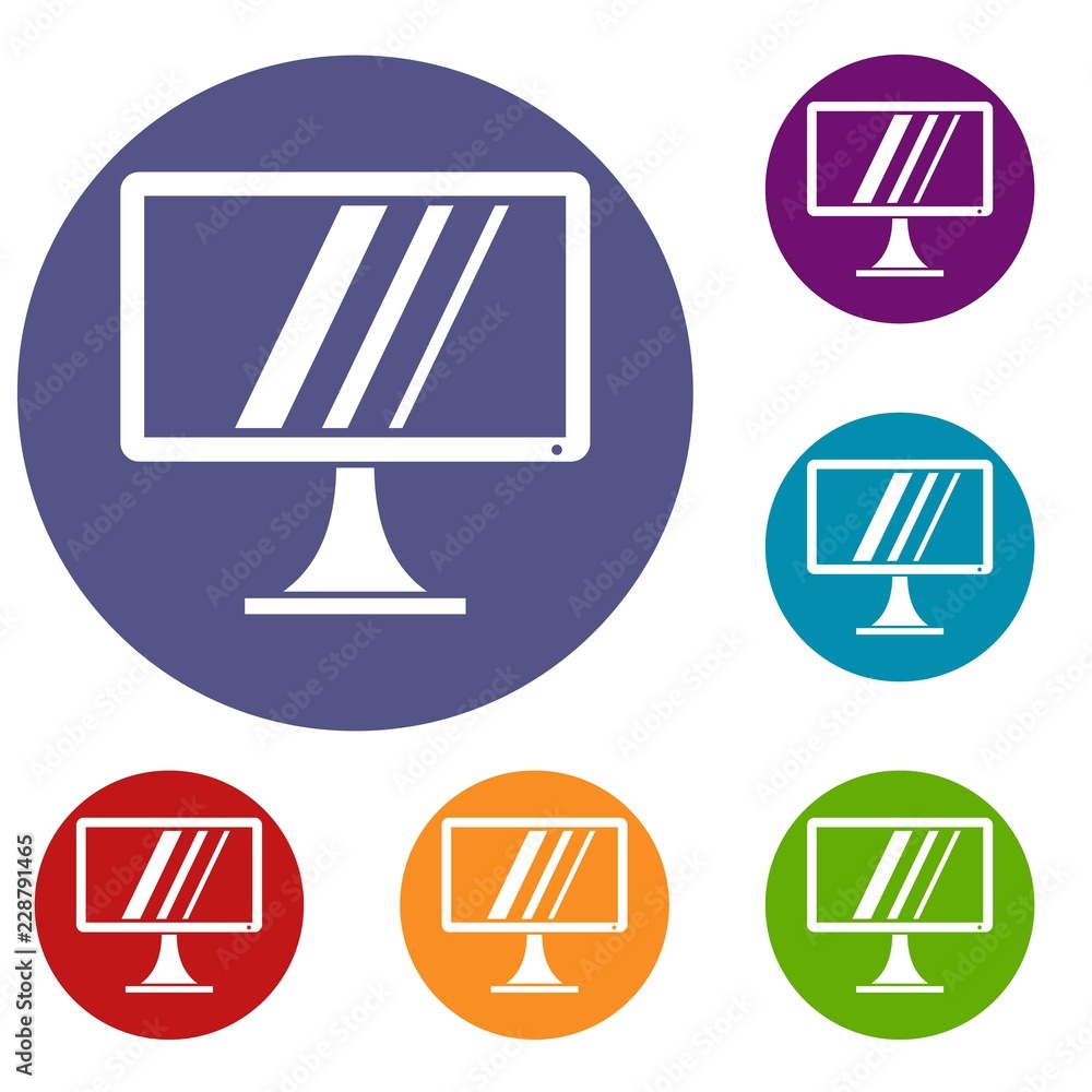 Computer monitor icons set in flat circle reb, blue and green color for ...