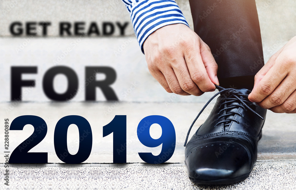2019 Year Concept, Businessman tie shoelace on the Outdoor Stair, Get ...