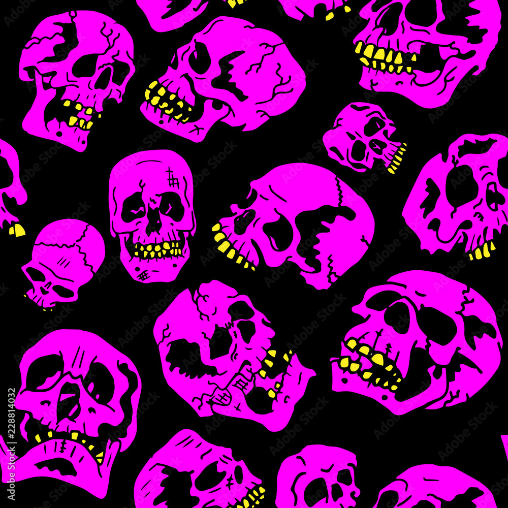 vector pattern. purple pink skulls yellow gold teeth black background halloween Stock Vector ...
