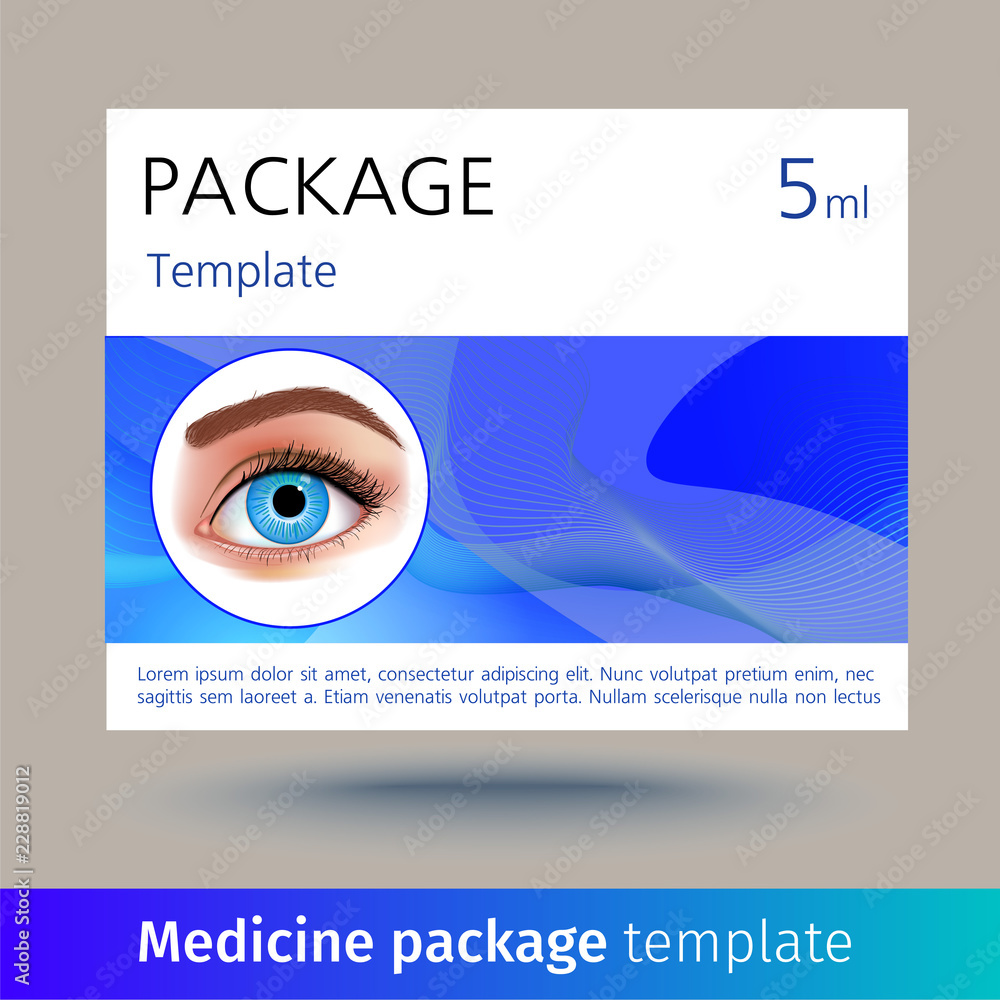 Vector medicine package template with realistic eye. Box with medical ...