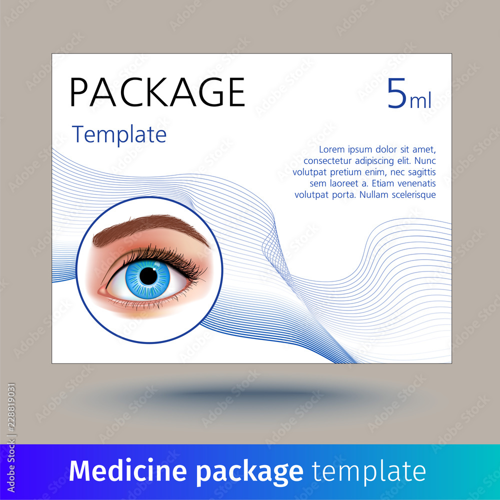 Vector medicine package template with realistic eye. Box with medical ...