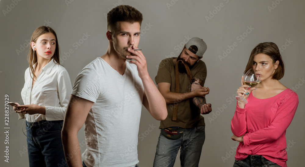 Smoking addiction. Actual social problem. Drug addict or medical abuse ...