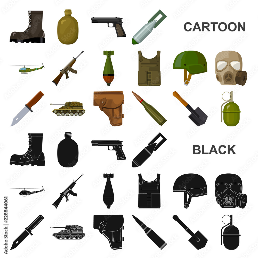 Army and armament cartoon icons in set collection for design. Weapons ...